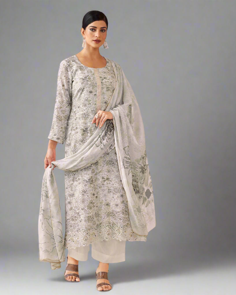 1919-Elegant Grey Muslin Suit Set with Delicate Floral Print & Dupatta ...